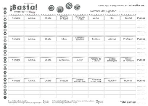 Descargar hojas de juego en PDF - Juego de ¡Basta!